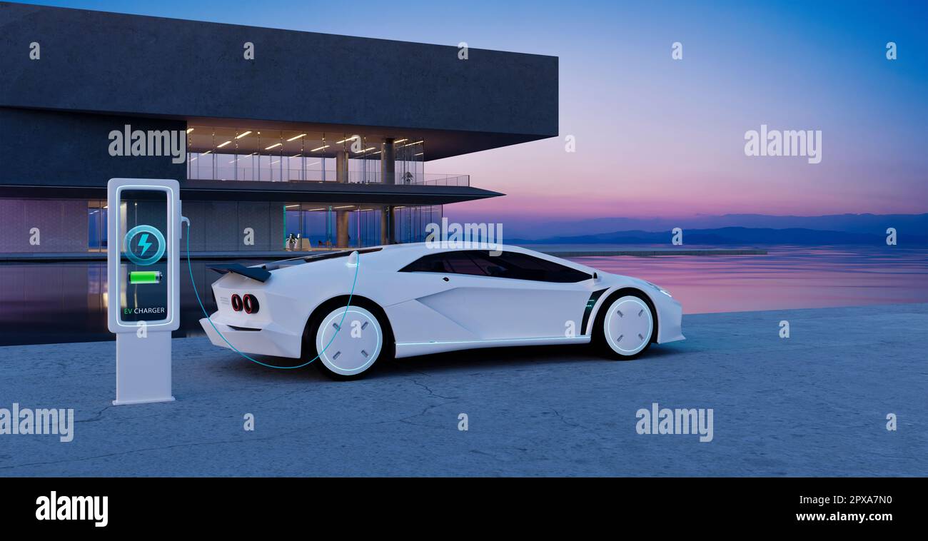 The electric sports car is parked and charged outside modern buildings ...