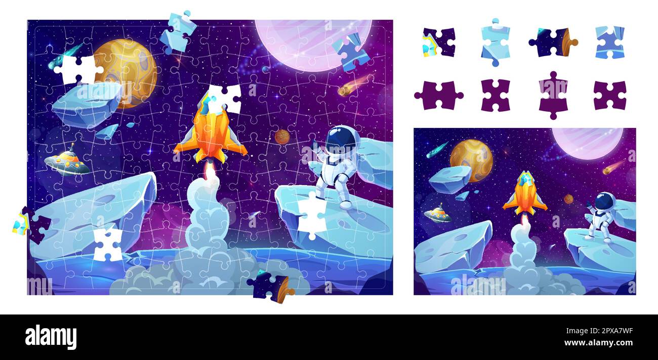 Jigsaw puzzle space game pieces. Astronaut and spaceship in galaxy ...