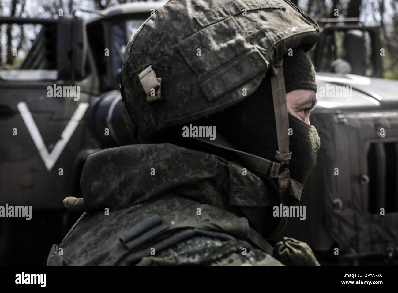 April 28.2023 Russia. Donetsk region. A soldier from the calculation of ...