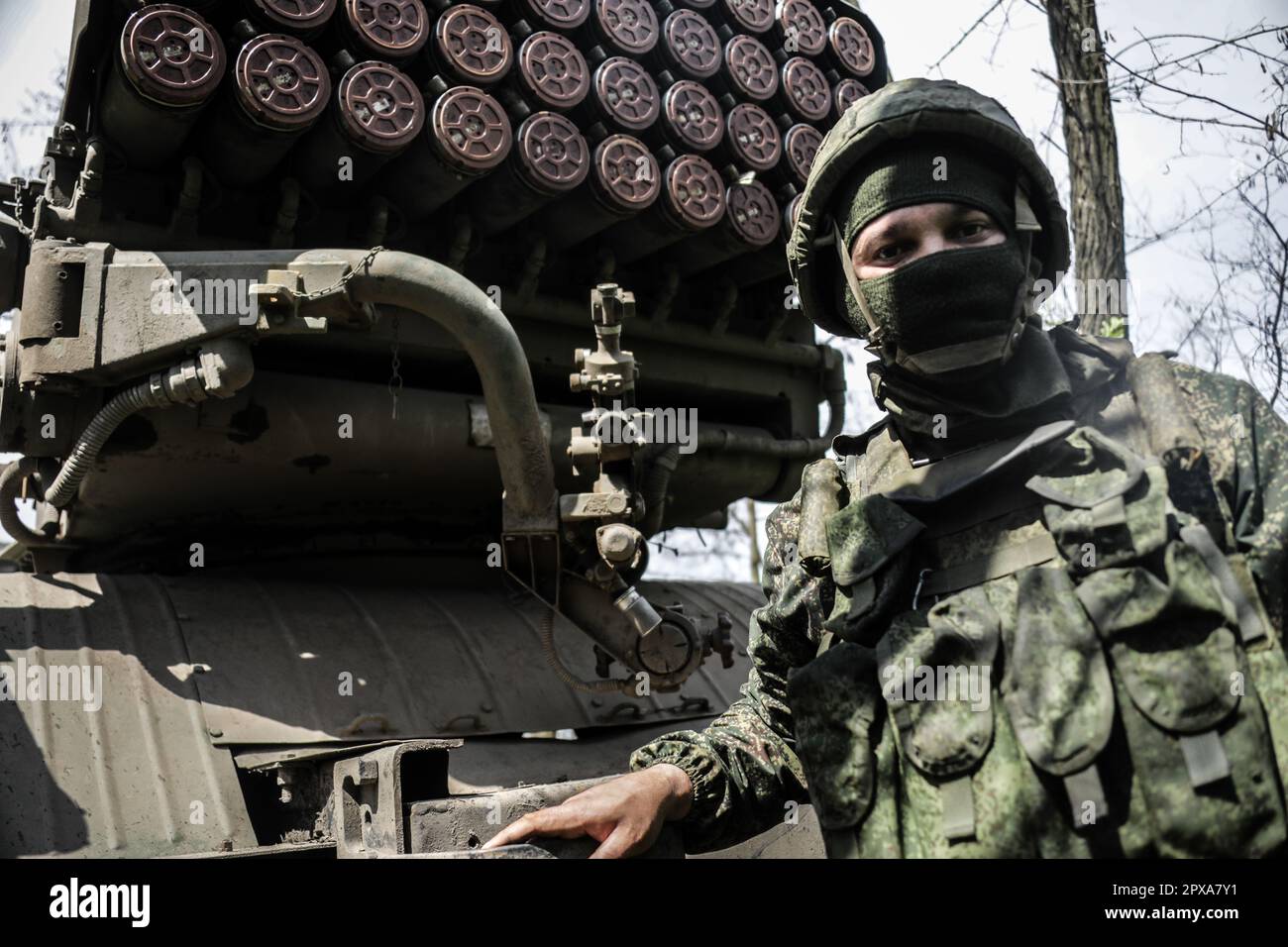 April 28.2023 Russia. Donetsk region. A soldier from the calculation of ...