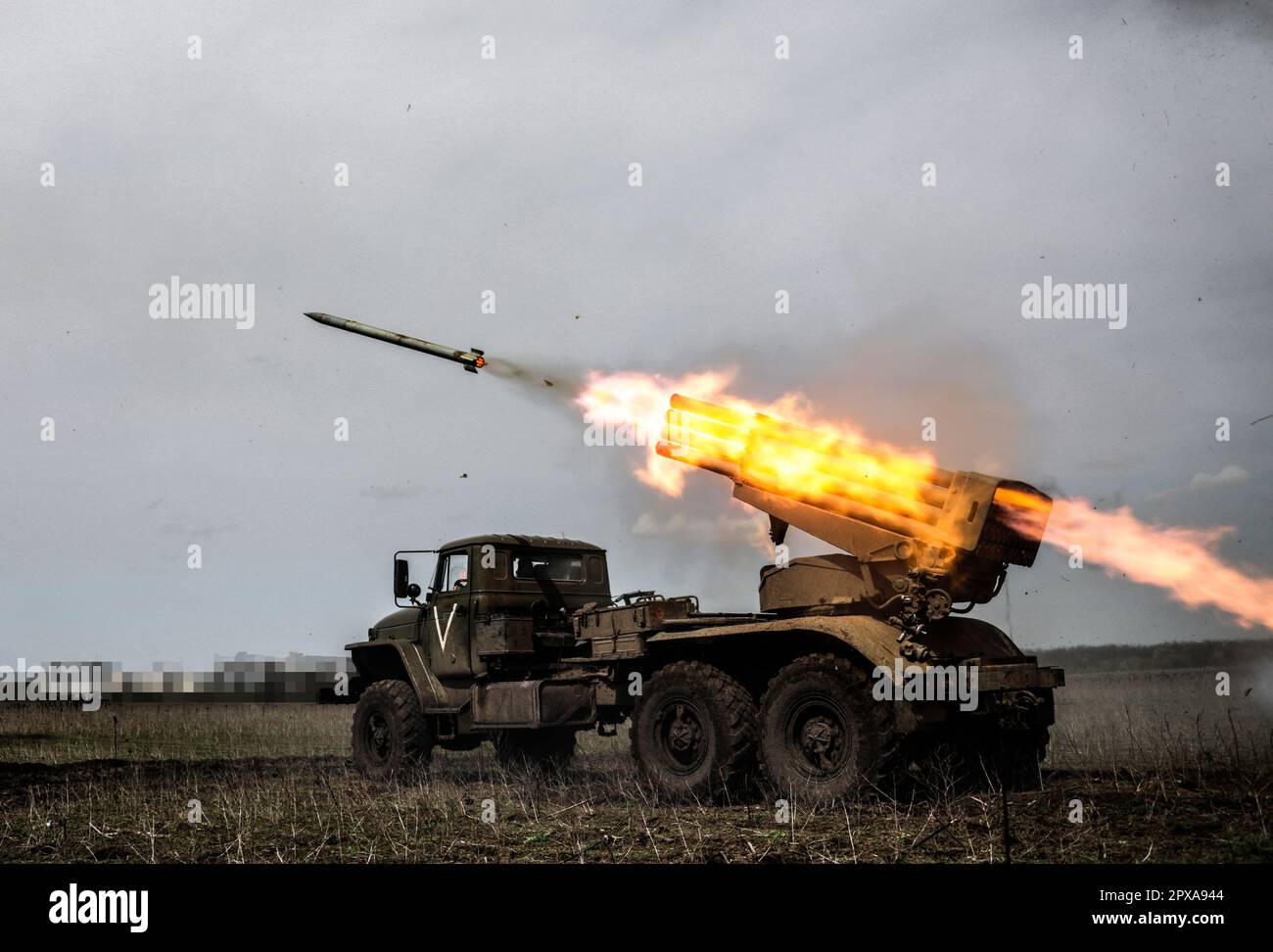 April 28.2023. Russia. Donetsk region. Operation of the Grad multiple ...