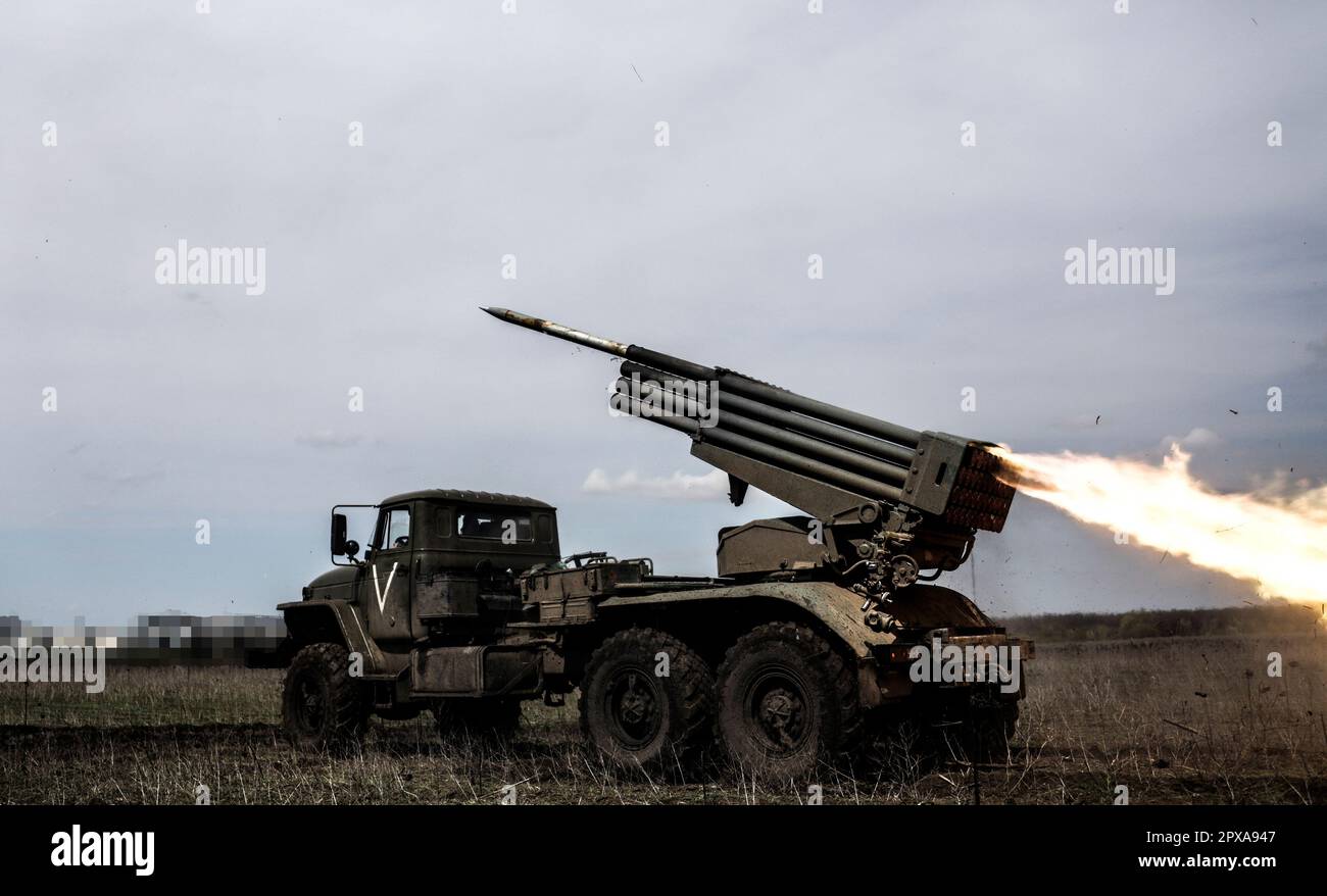 April 28.2023. Russia. Donetsk region. Operation of the Grad multiple ...