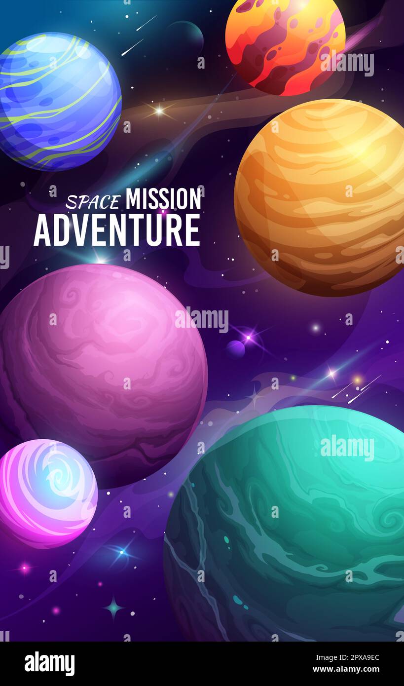 Cartoon galaxy space planets poster. Cartoon vector background solar ...