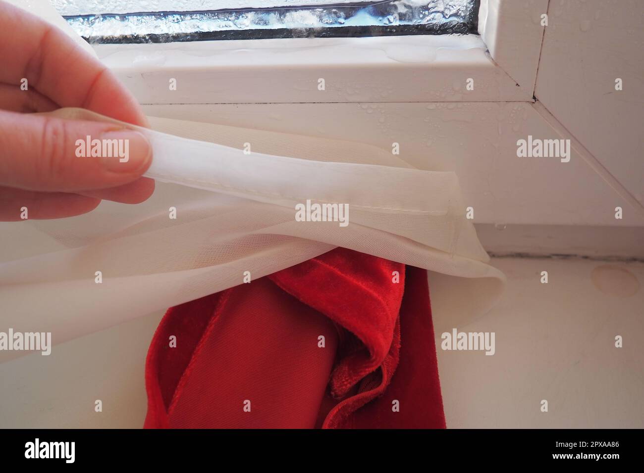 Curtain - white tulle froze to pvc window frame. Melting ice on the ...