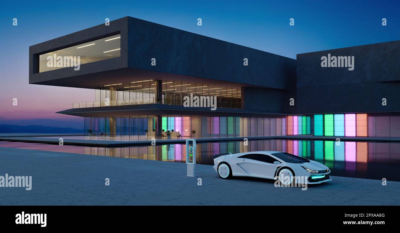 The electric sports car is parked and charged outside modern buildings ...