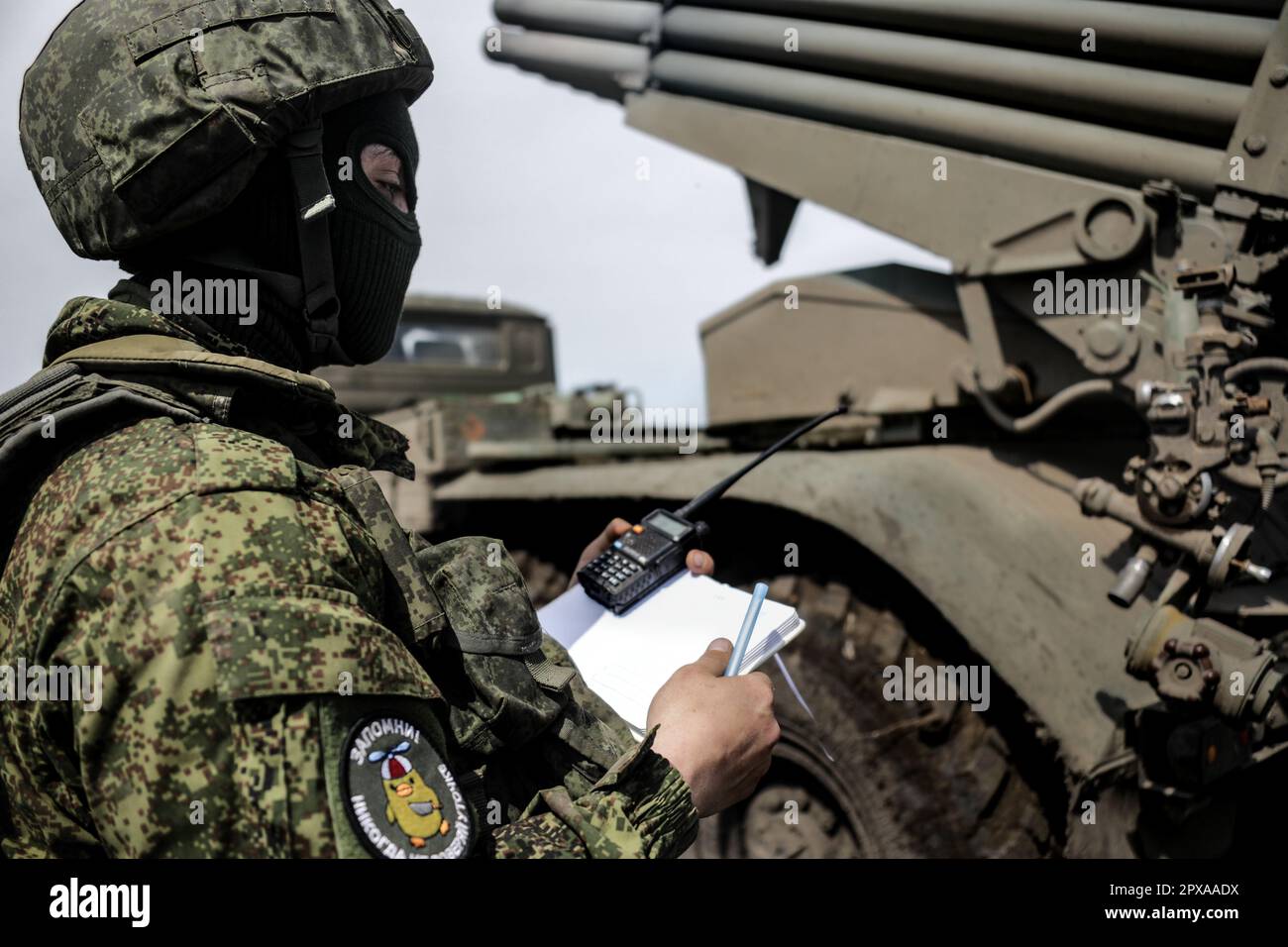 April 28.2023 Russia. Donetsk region. A soldier from the calculation of ...