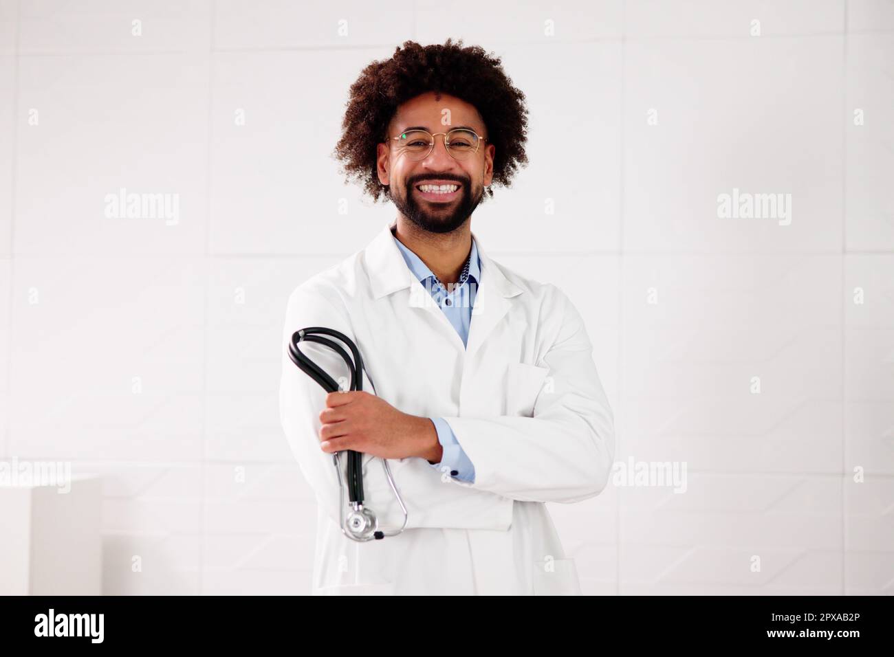 African American Doctor With Stethoscope At Healthcare Lab Stock Photo ...