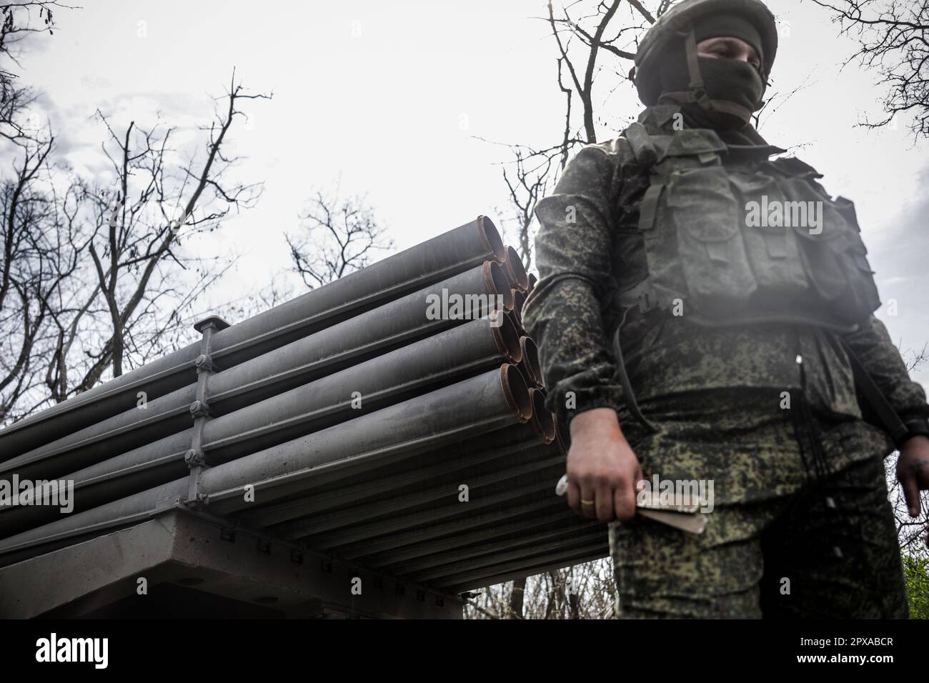April 28.2023 Russia. Donetsk region. A soldier from the calculation of ...
