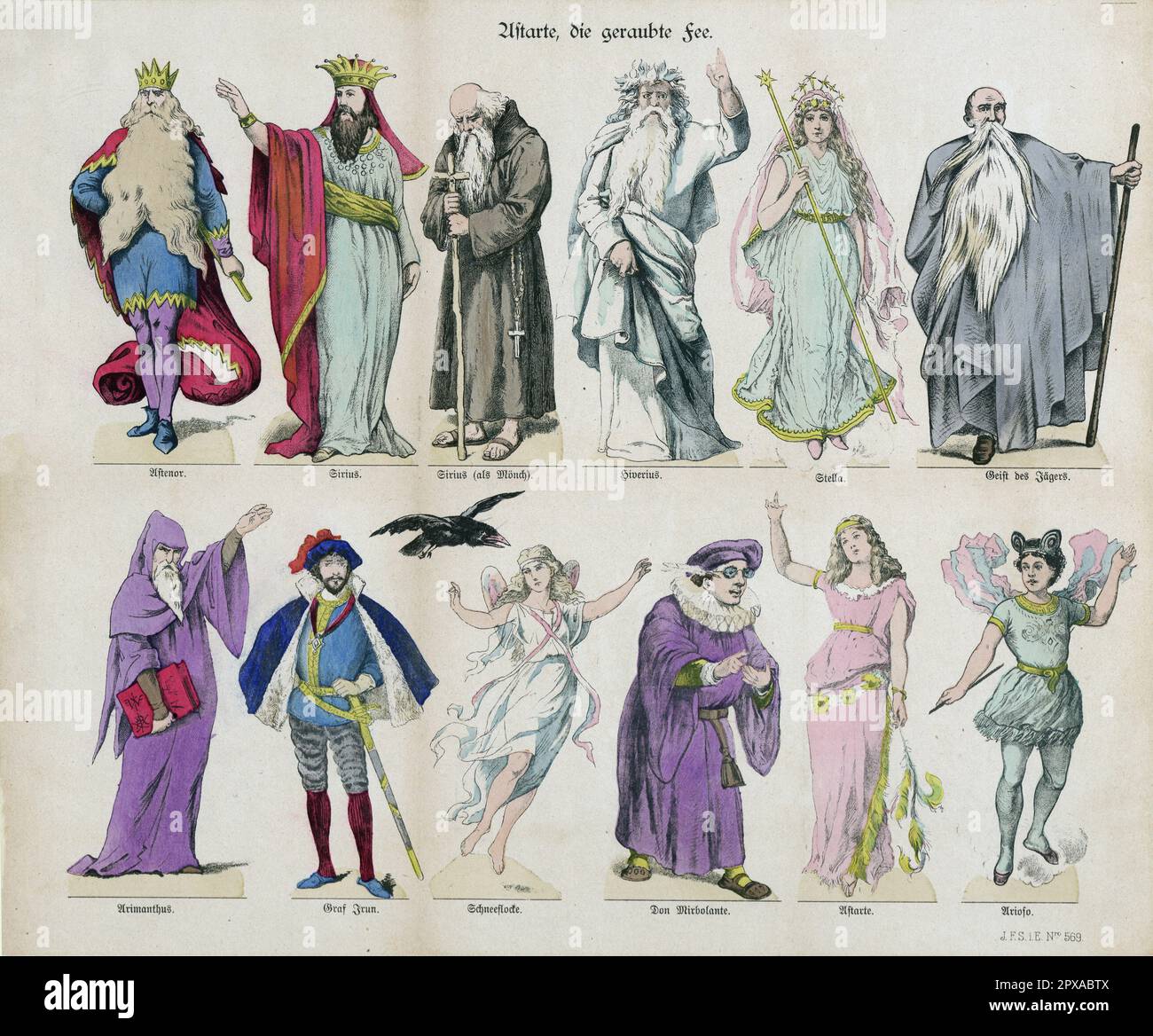 Vintage hands coloured lithography of figure sheet of Astarte, die ...