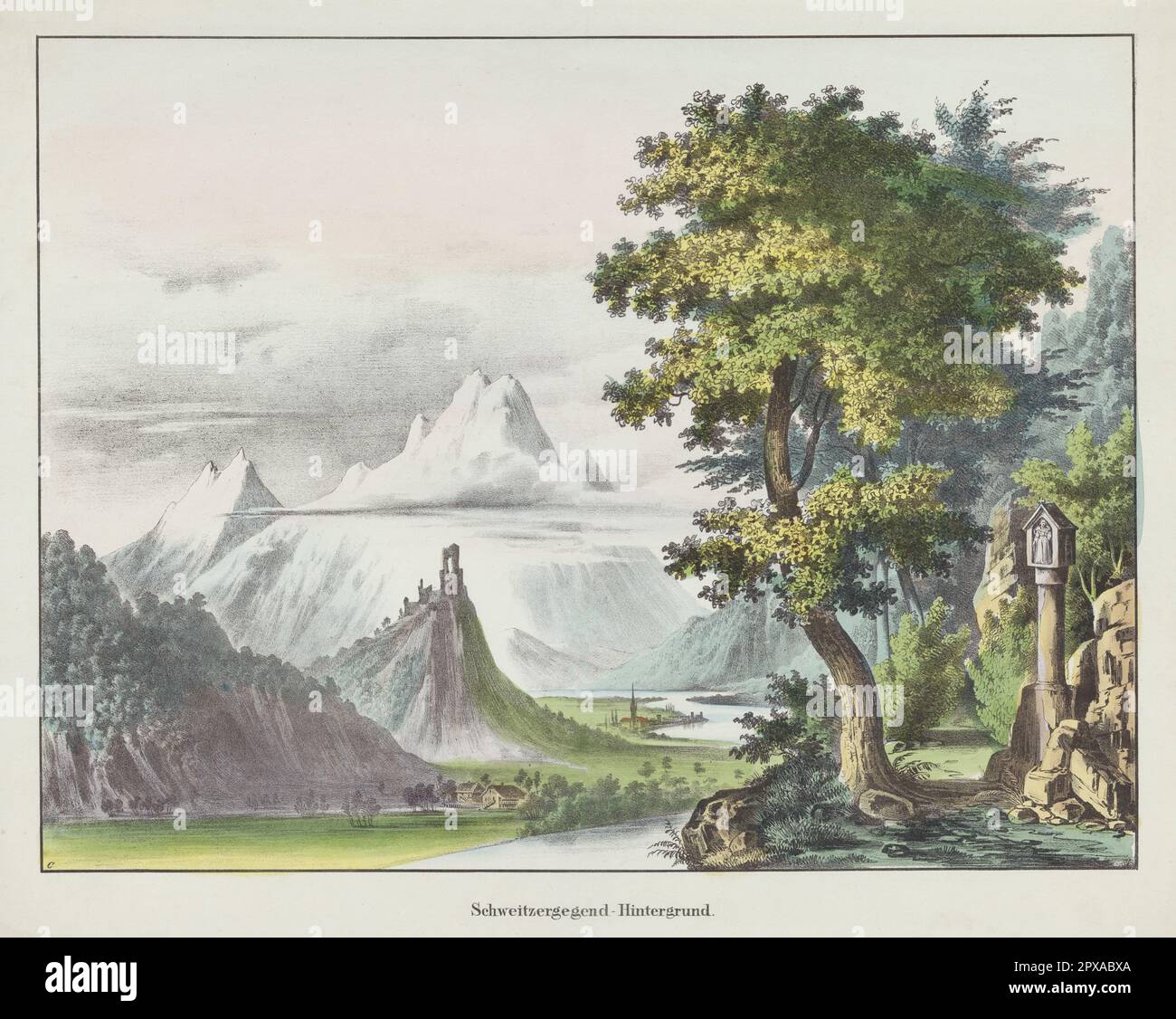 Vintage engraving of Swiss landscape background, 1880 Stock Photo - Alamy