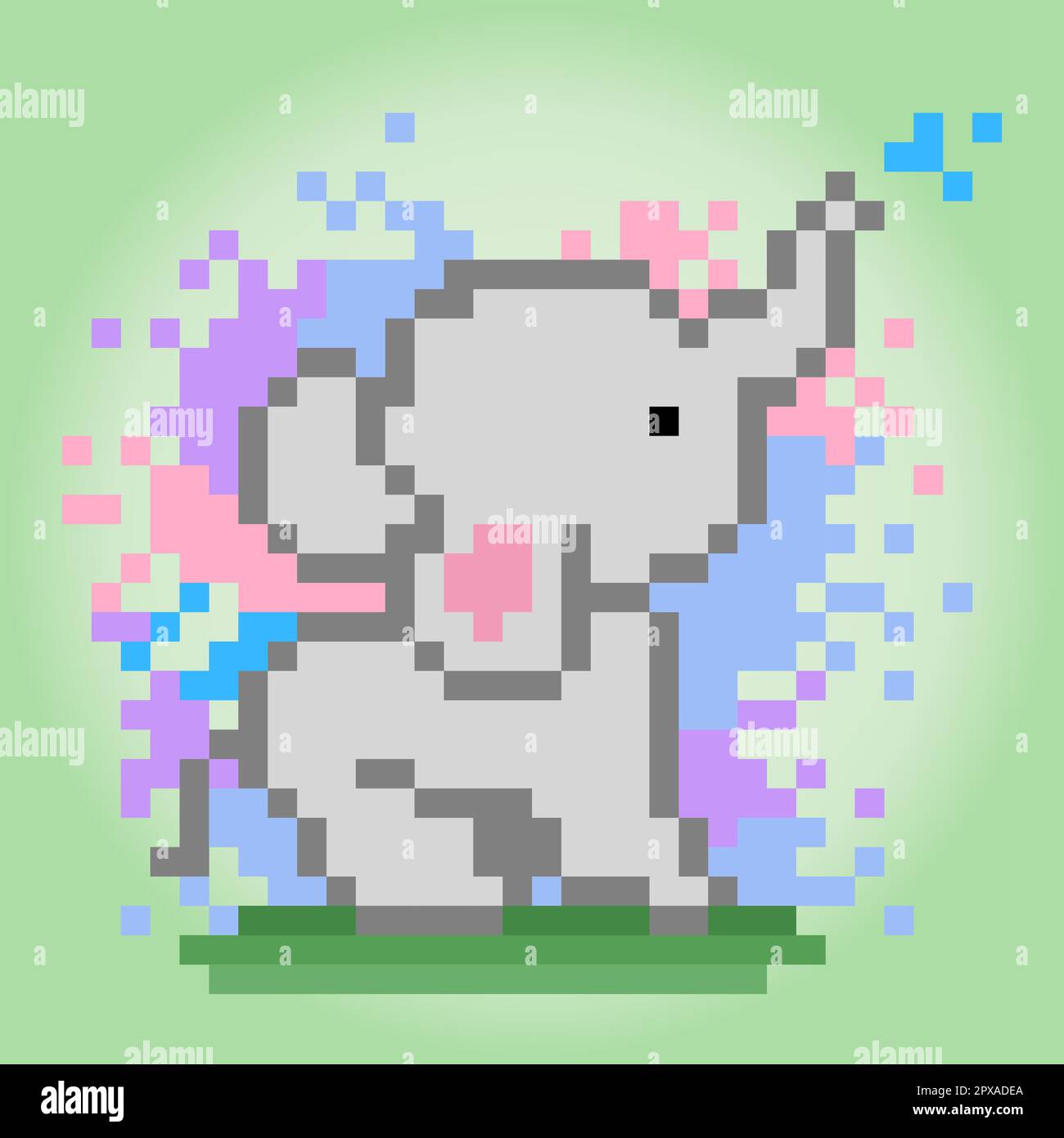 8 bit pixel elephant plays colorful water. Happy animals for cross stitch in vector ...
