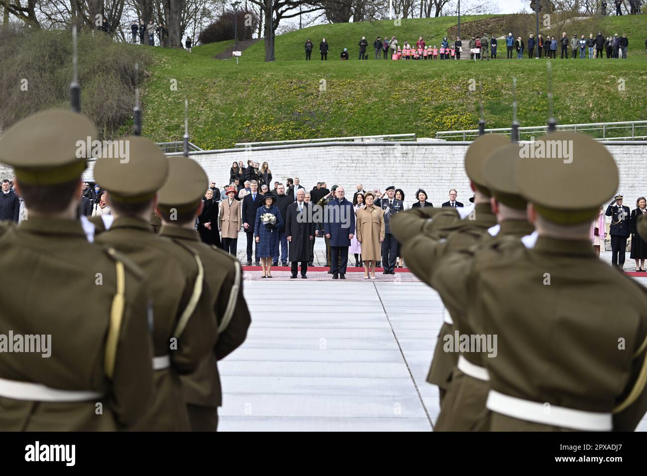 Tallinn, Estonia. 02nd May, 2023. King Carl Gustaf and Queen Silvia with President of the ...