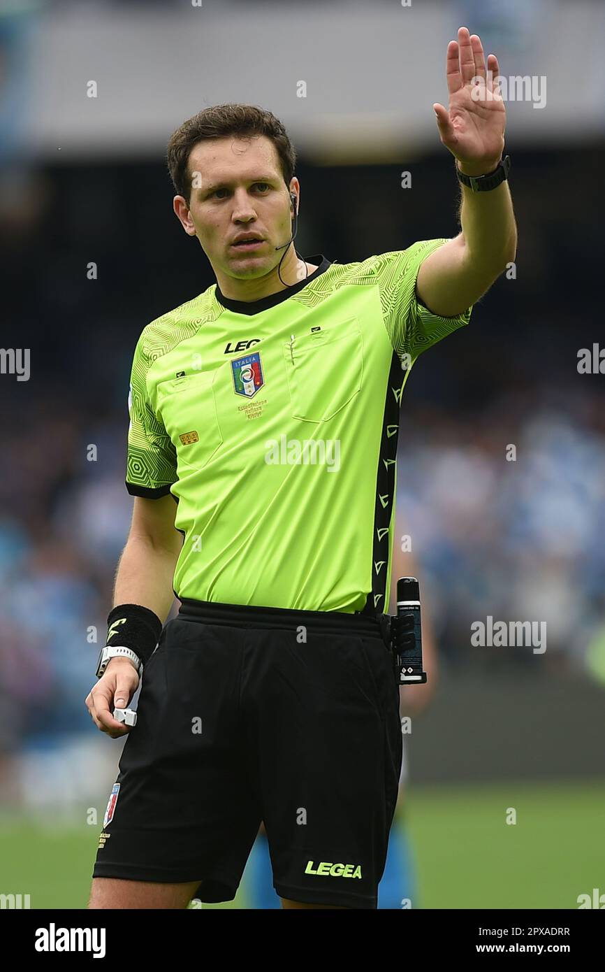 Naples, Italy. 30 Apr, 2023. Referee Matteo Marcenaro during the Serie ...