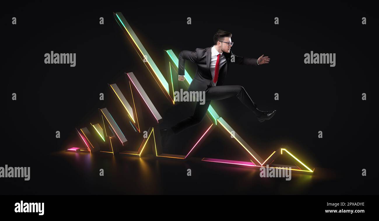 Conceptual image of young businessman trying to keep up with rising ...