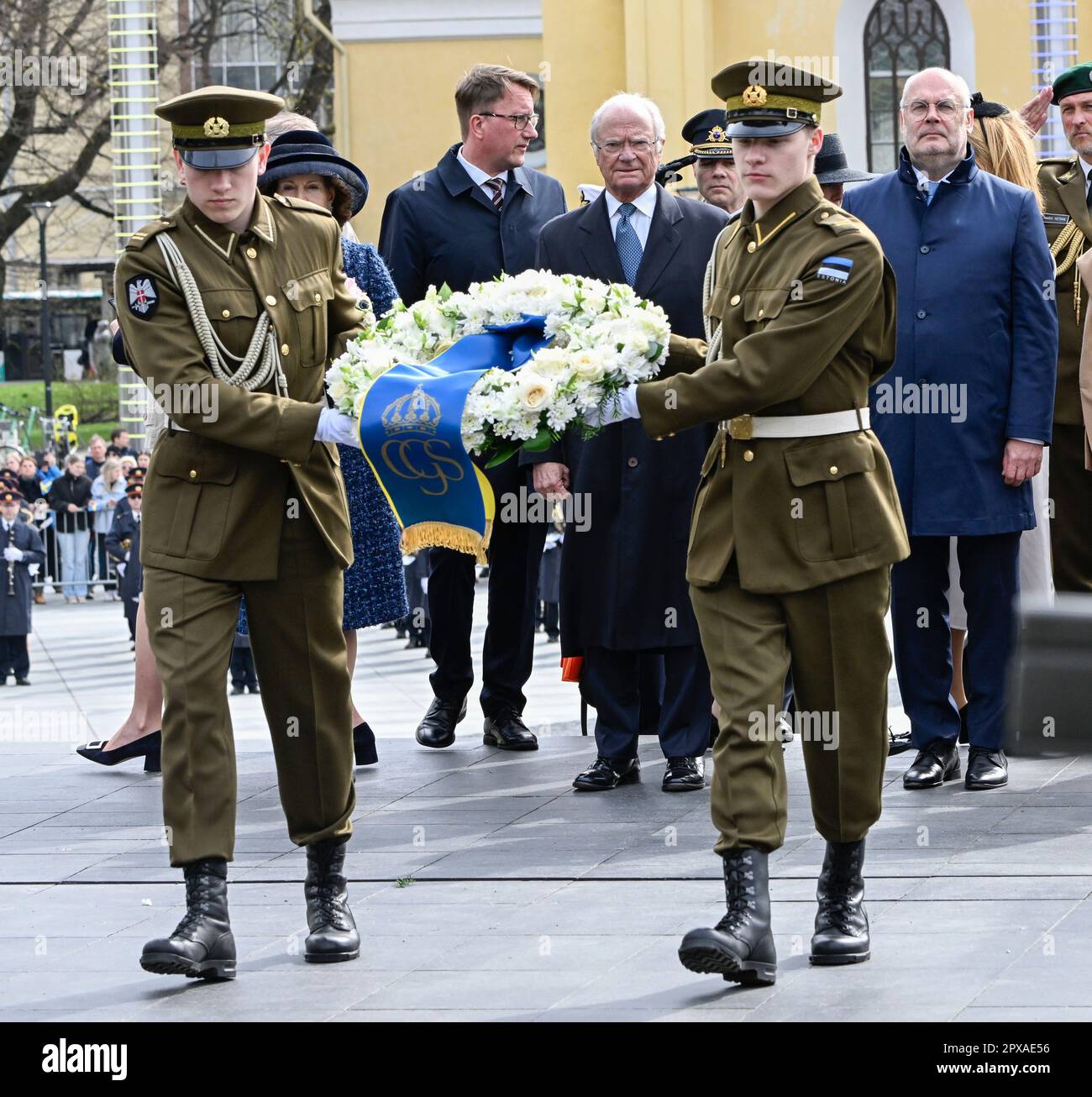 Tallinn, Estonia. 02nd May, 2023. King Carl Gustaf and Queen Silvia with President of the ...