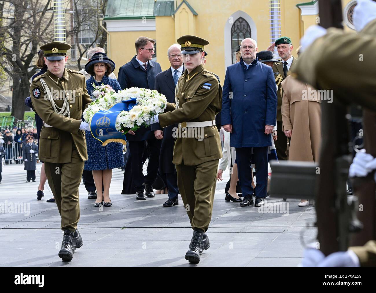 Tallinn, Estonia. 02nd May, 2023. King Carl Gustaf and Queen Silvia with President of the ...