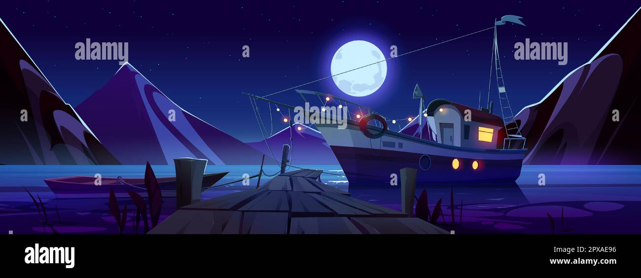 Night mountain lake with boat moored at pier. Vector cartoon ...