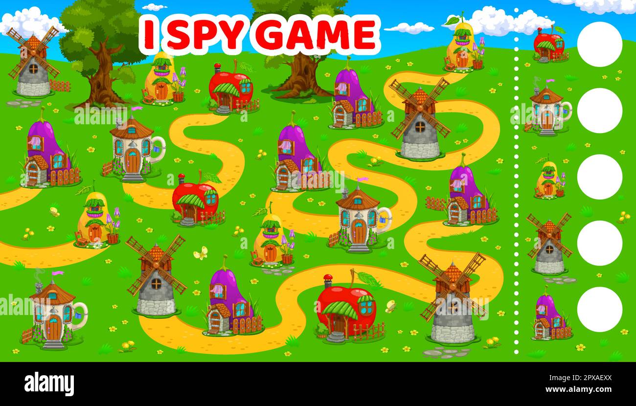I spy game, cartoon fairytale house buildings, kids quiz vector ...