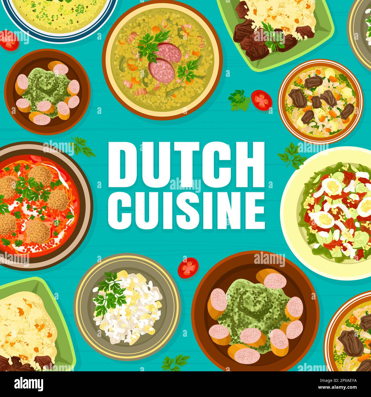 Dutch cuisine cover page template. Pea soup Snert, potato salad and ...