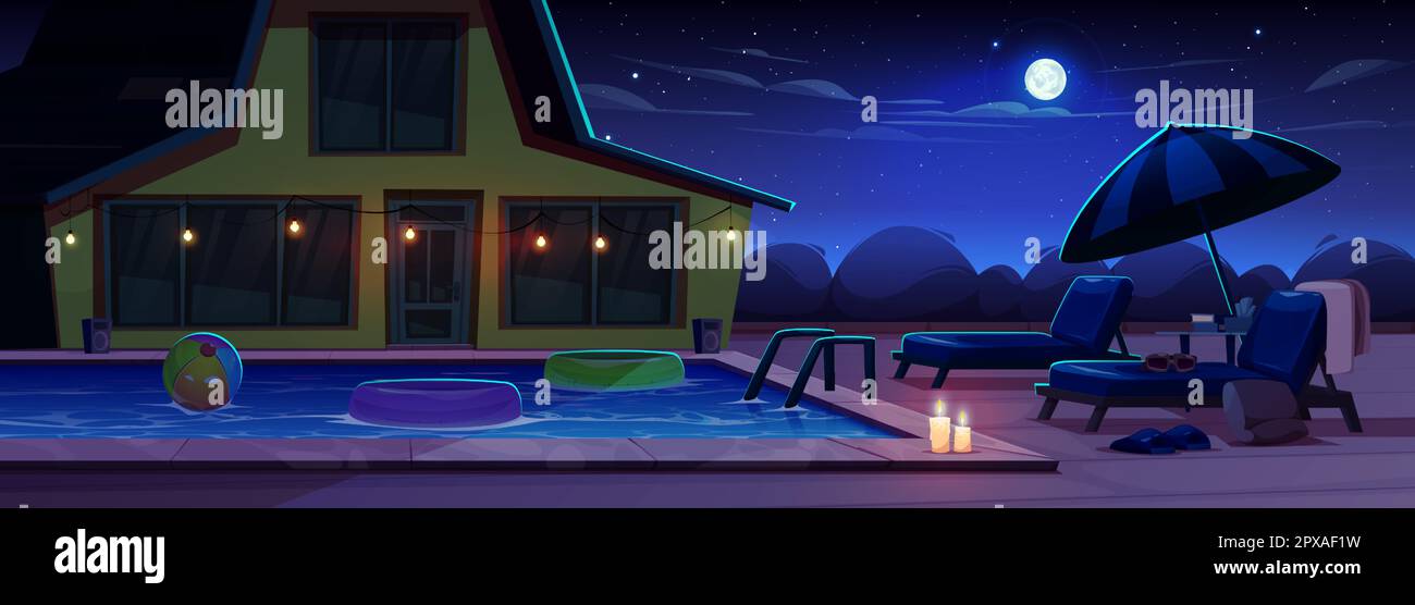 Cartoon beach house with swimming pool in backyard at night. Vector ...