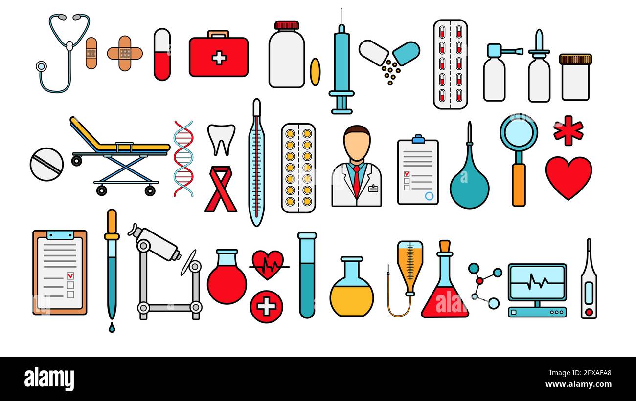 Medical pharmaceutical big set of medical items, equipment, items of ...