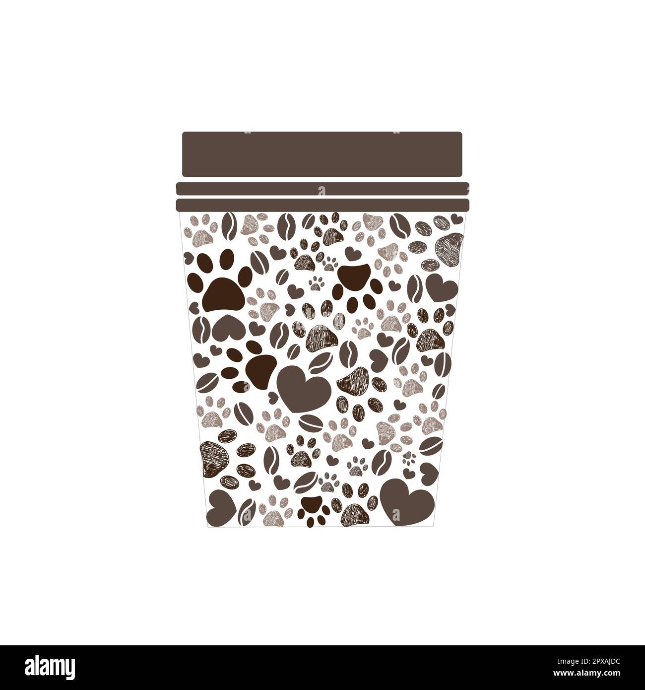 Coffee and paw lover illustration. Coffee cup and paw prints with heart ...