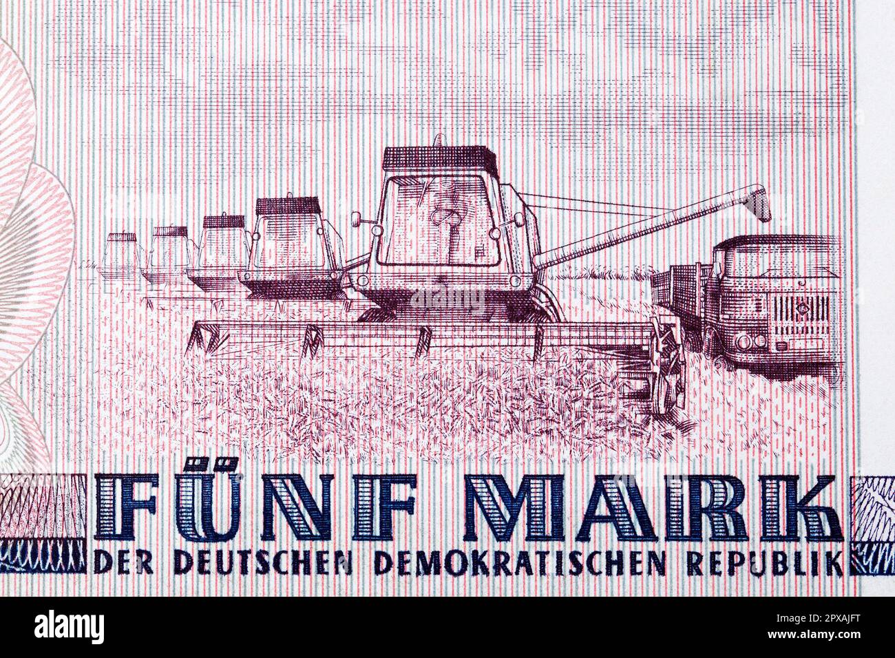 Several harvesting machines from East German money - 5 Mark Stock Photo ...