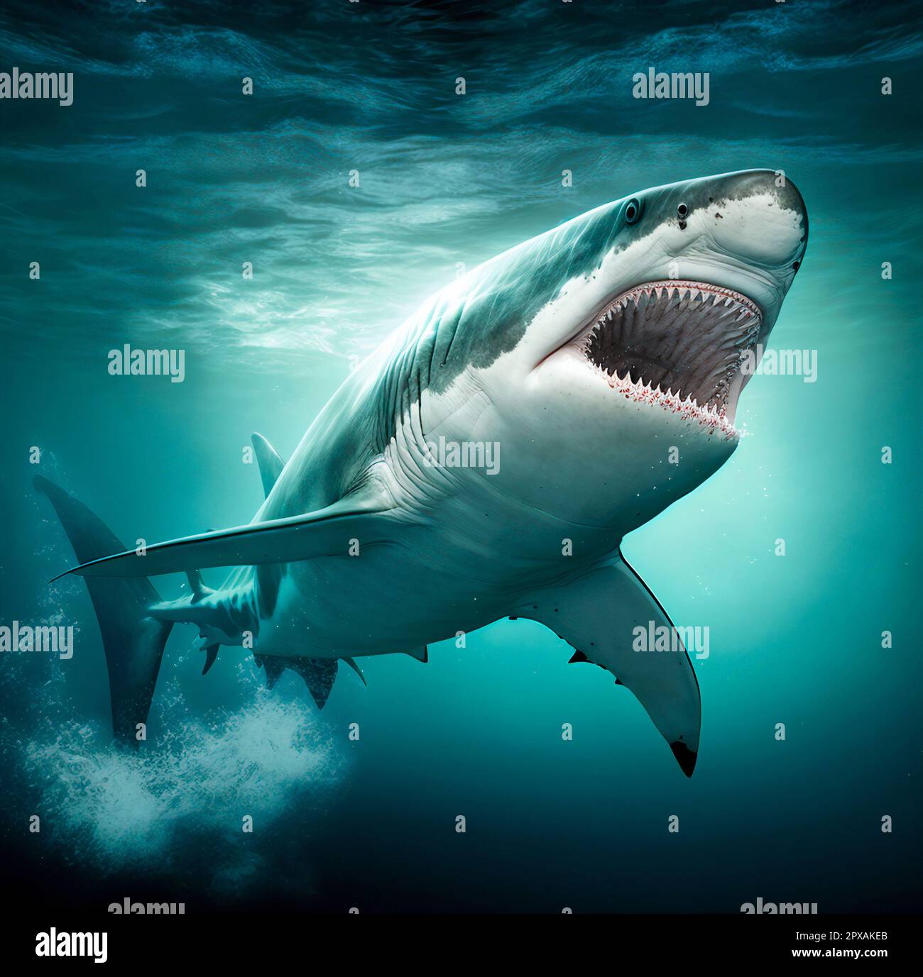 A painting of a shark in an aggressive posture, colored white and green ...