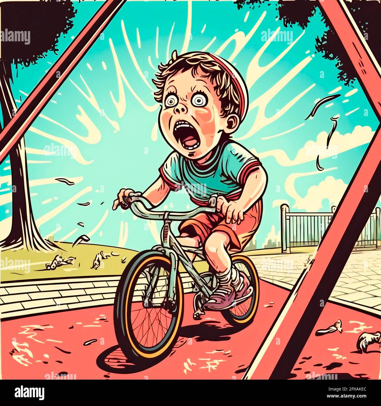 This painting depicts a child falling off his bicycle in a comics style ...
