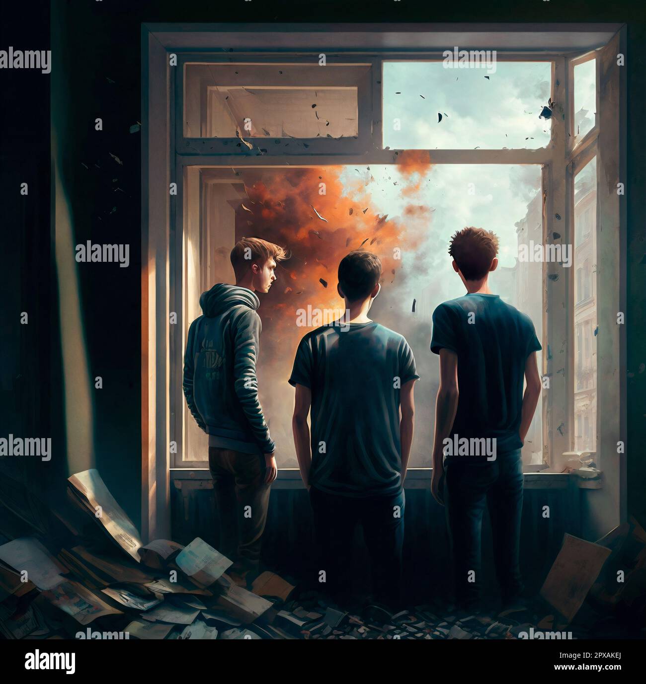 This painting depicts a room with a window showing the devastation ...