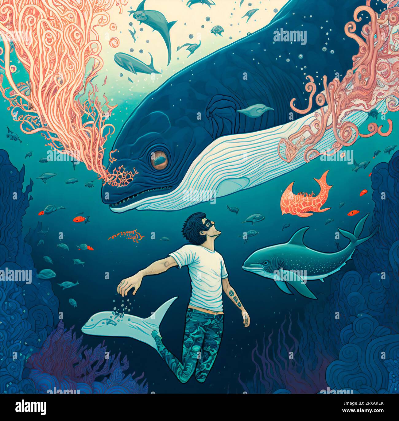 This painting depicts a Colombian man free diving without a tank in the ...