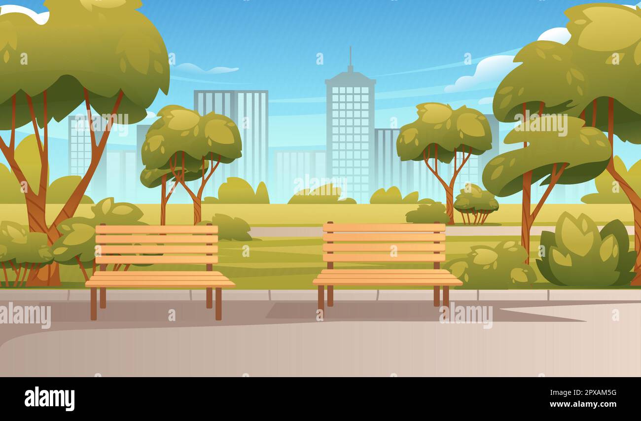 Spring or summer park landscape with trees benches and modern city on ...