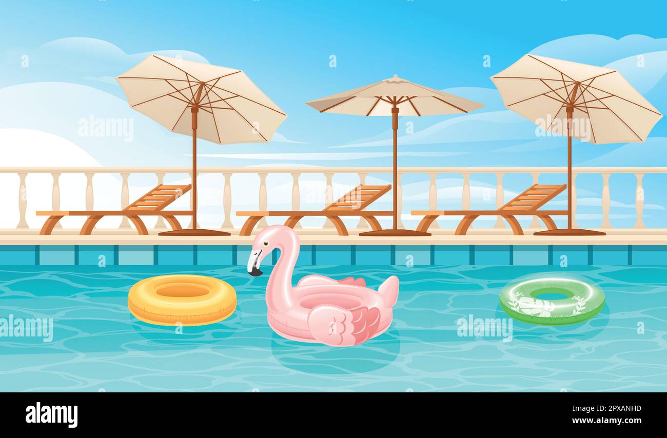 Hotel swimming pool or resort outdoor wooden lounger umbrella ...