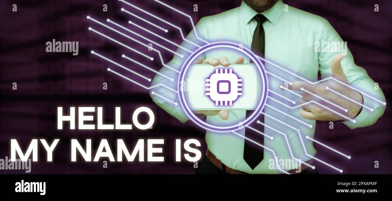 Text caption presenting Hello My Name Is, Business idea introducing ...