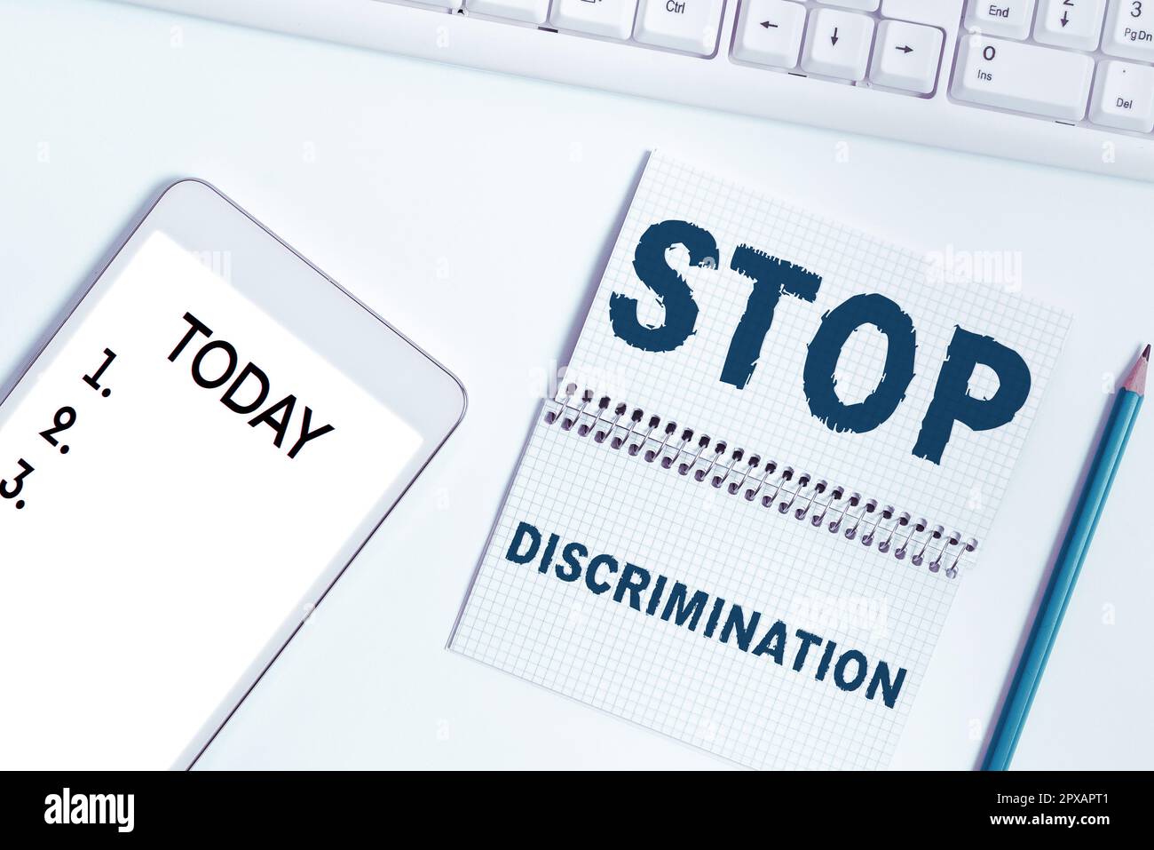 Hand writing sign Stop Discrimination, Business approach Prevent ...