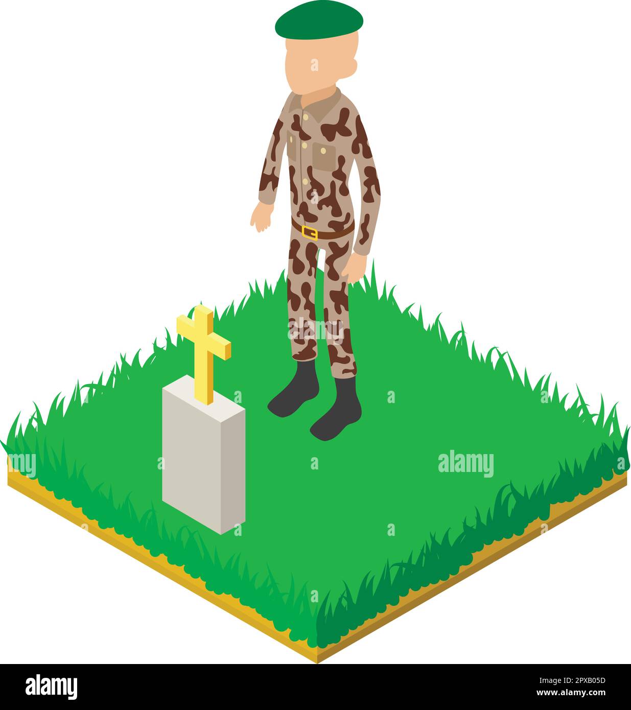 Green Beret Icon Isometric Vector Army Sergeant In Uniform Stand Near Grave Military Cemetery