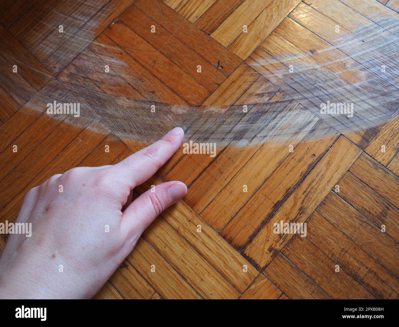 Scratched parquet flooring in the room. Scratches, chips and dents on ...