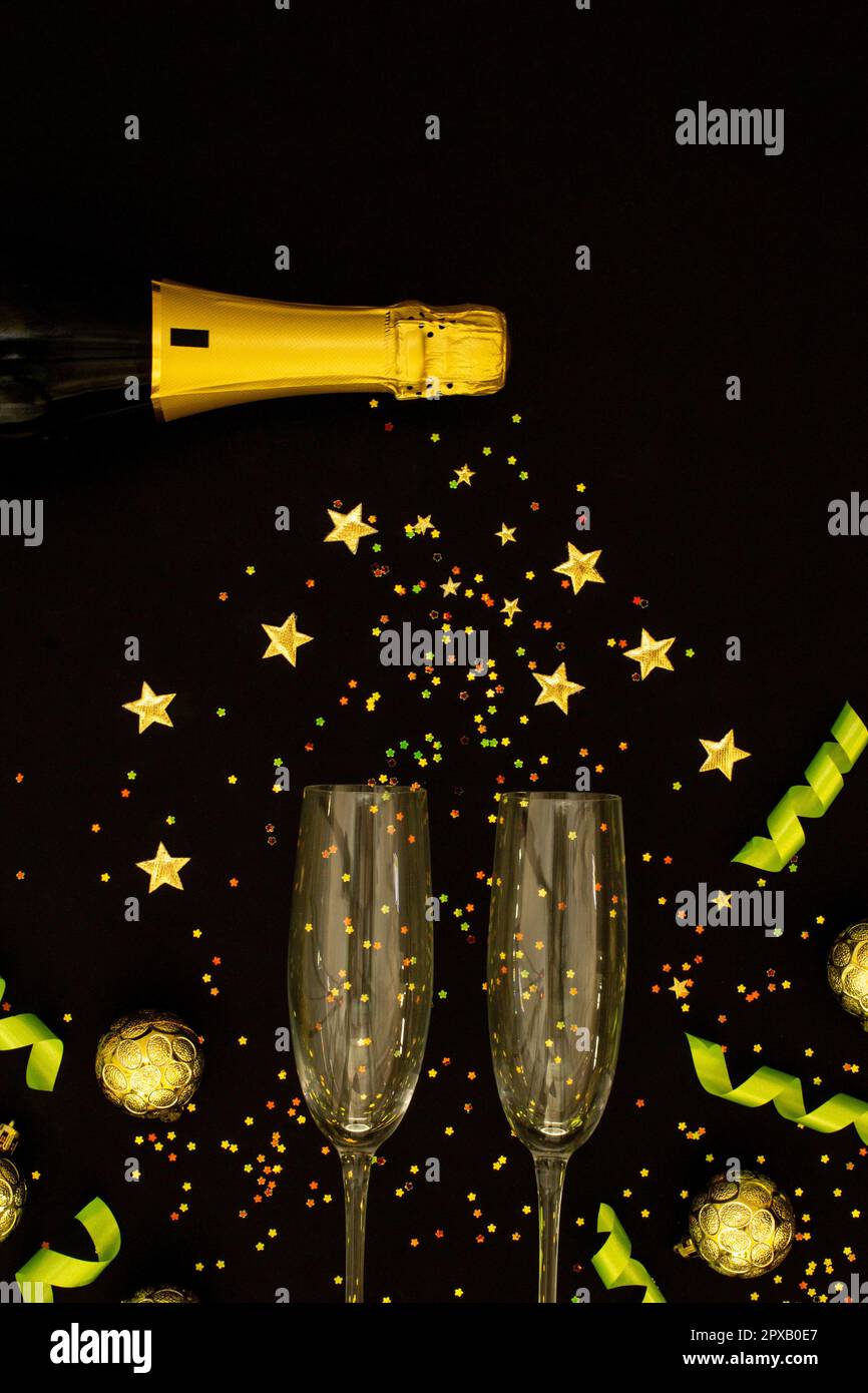 Champagne with party concept, Champagne with glass and ribbon gold ball ...