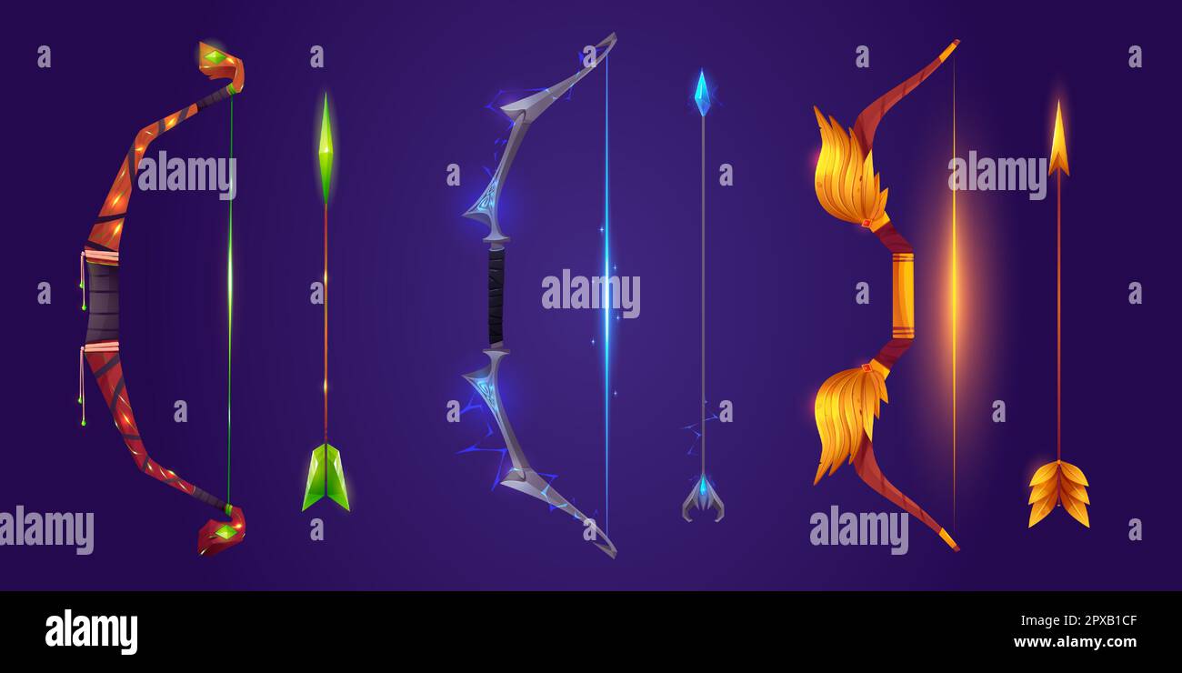 Cartoon set of fantasy bows and arrows isolated on background. Vector ...