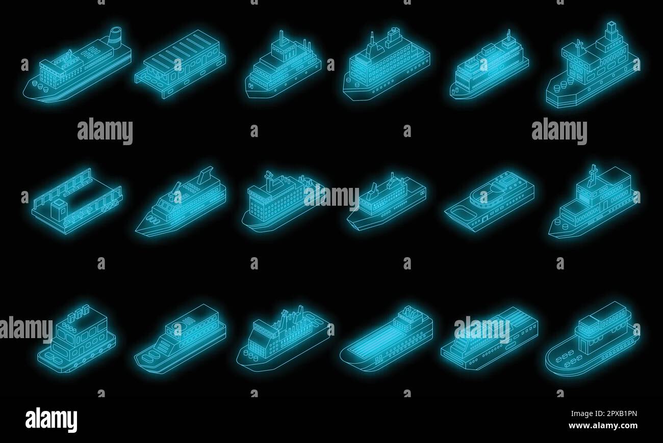 Ferry icons set. Isometric set of ferry vector icons neon color on ...