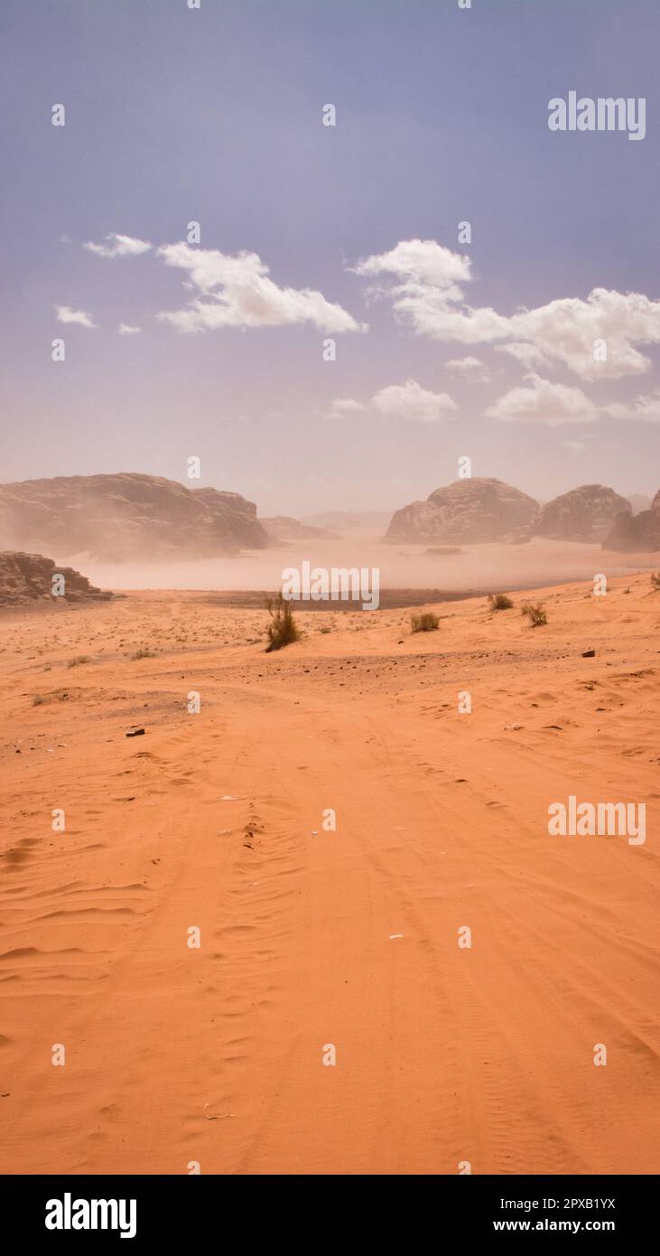 Vertical desert off road track leading into the mountains of Waid Rum ...