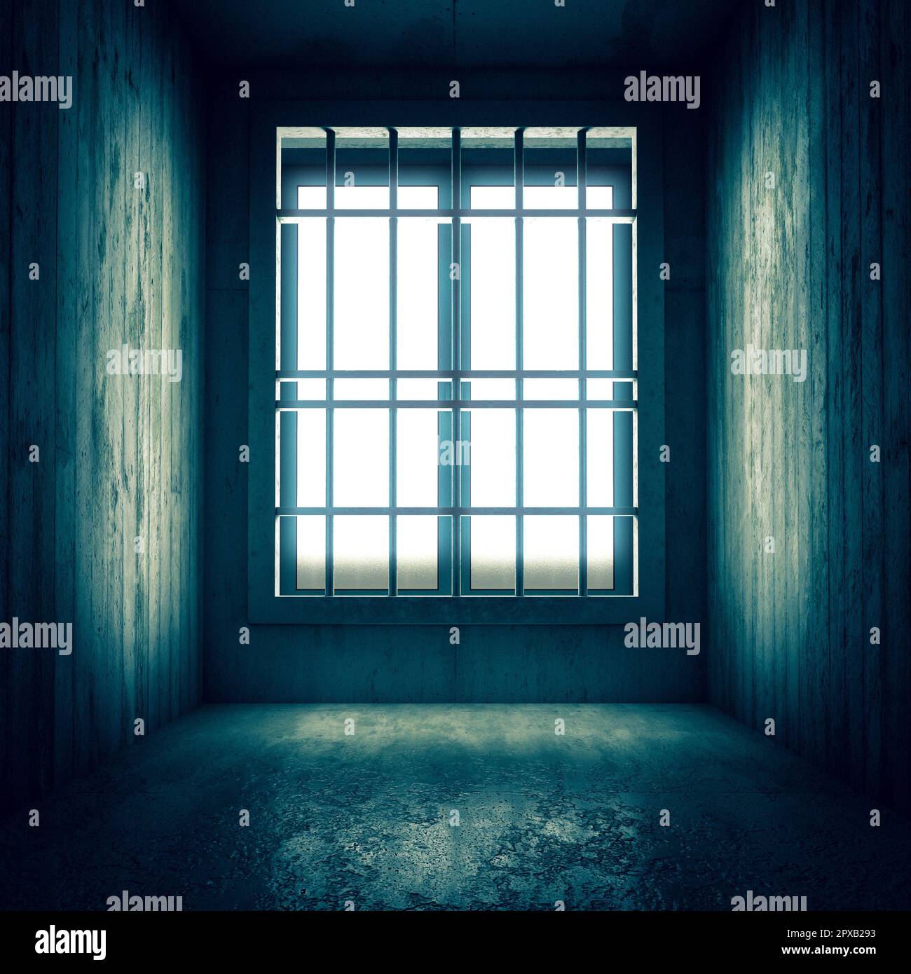 concrete prison cell interior and bars at bright window. 3d render ...