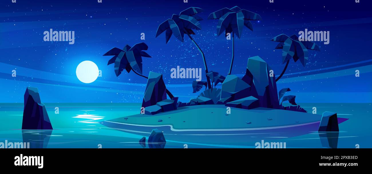 Uninhabited tiny tropical isle vector landscape at night. Dark small ...