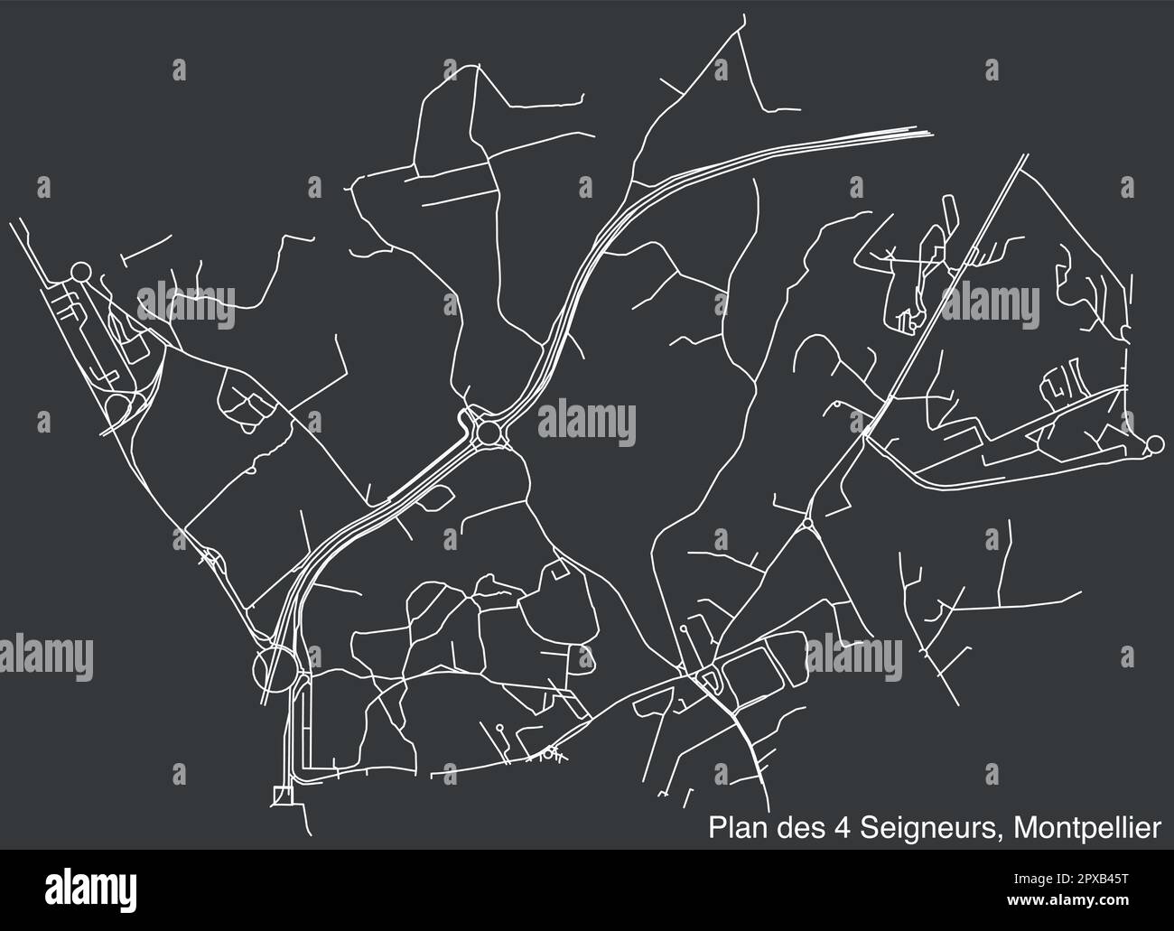 Street roads map of the PLAN DES 4 SEIGNEURS NEIGHBOURHOOD, MONTPELLIER ...