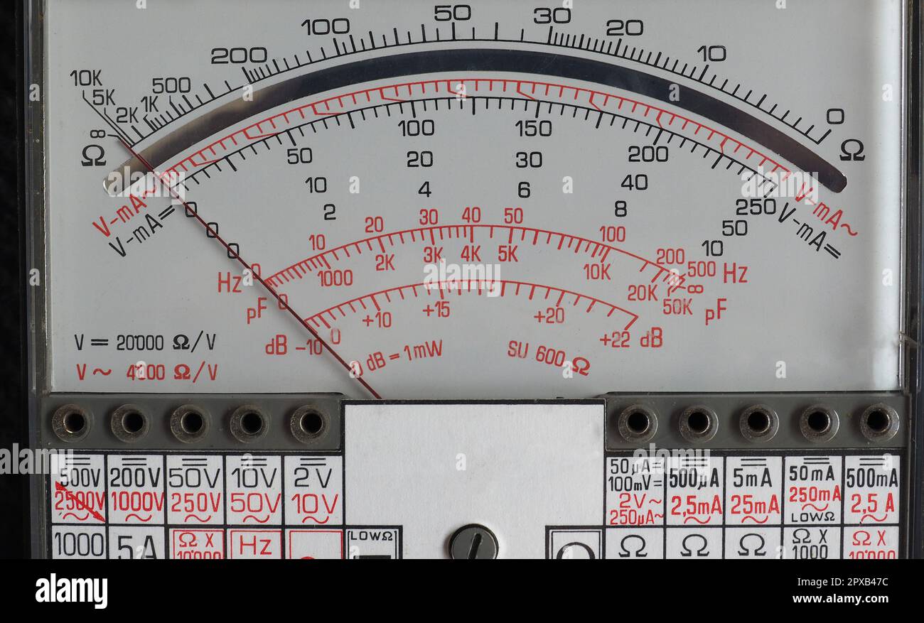display of a vintage analog multimeter to measure voltage resistance ...