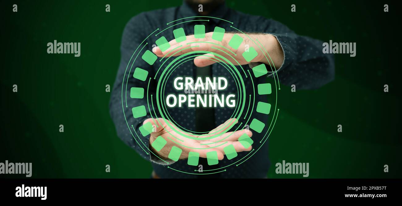 Sign displaying Grand Opening, Business overview Ribbon Cutting New ...