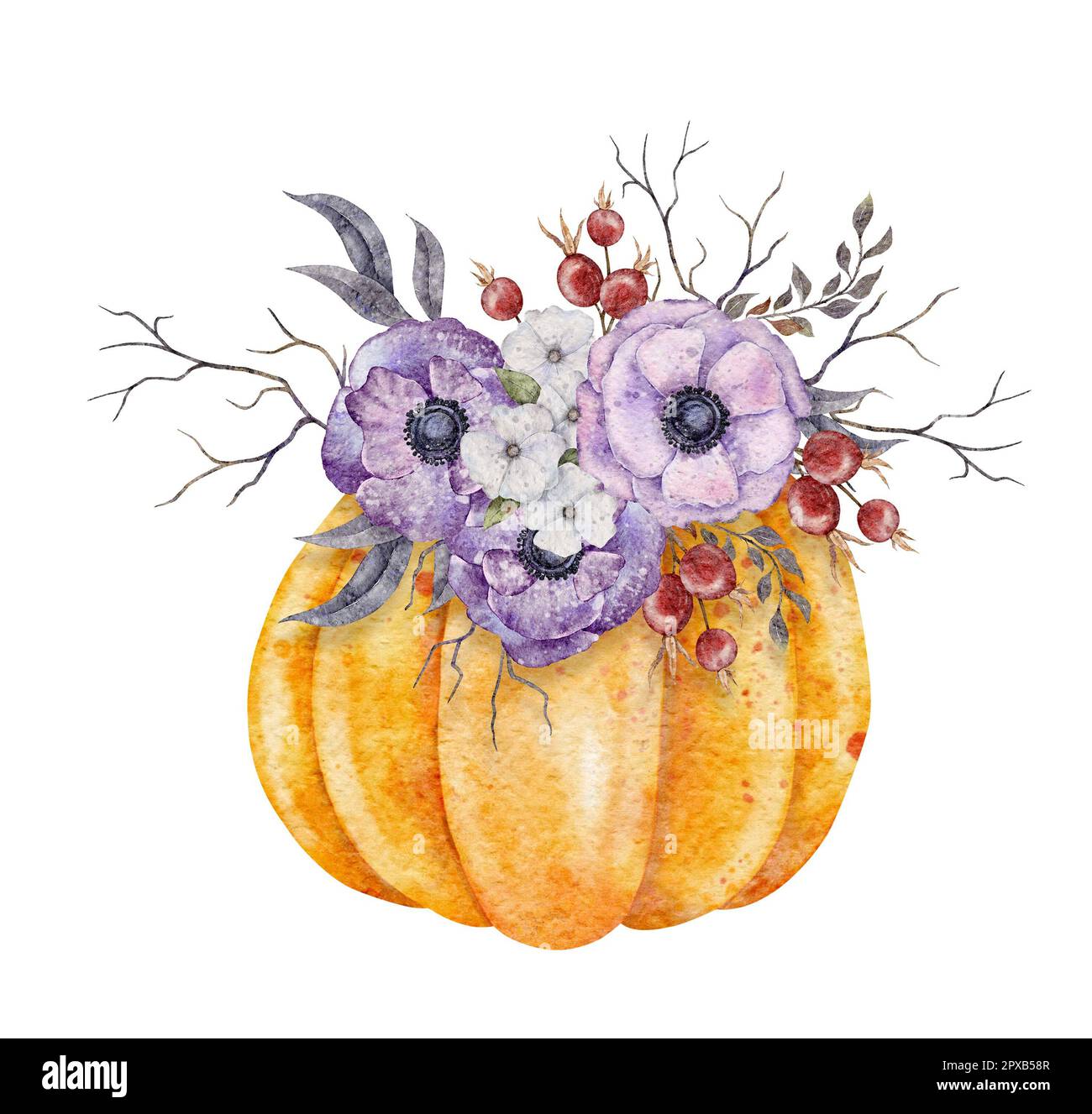 Arrangement with Orange pumpkin and flowers . Pumpkin decor with ...