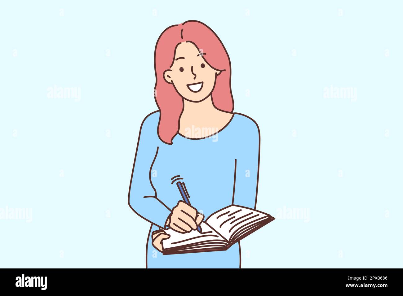 Smiling young woman take notes in notebook. Happy female writer or ...