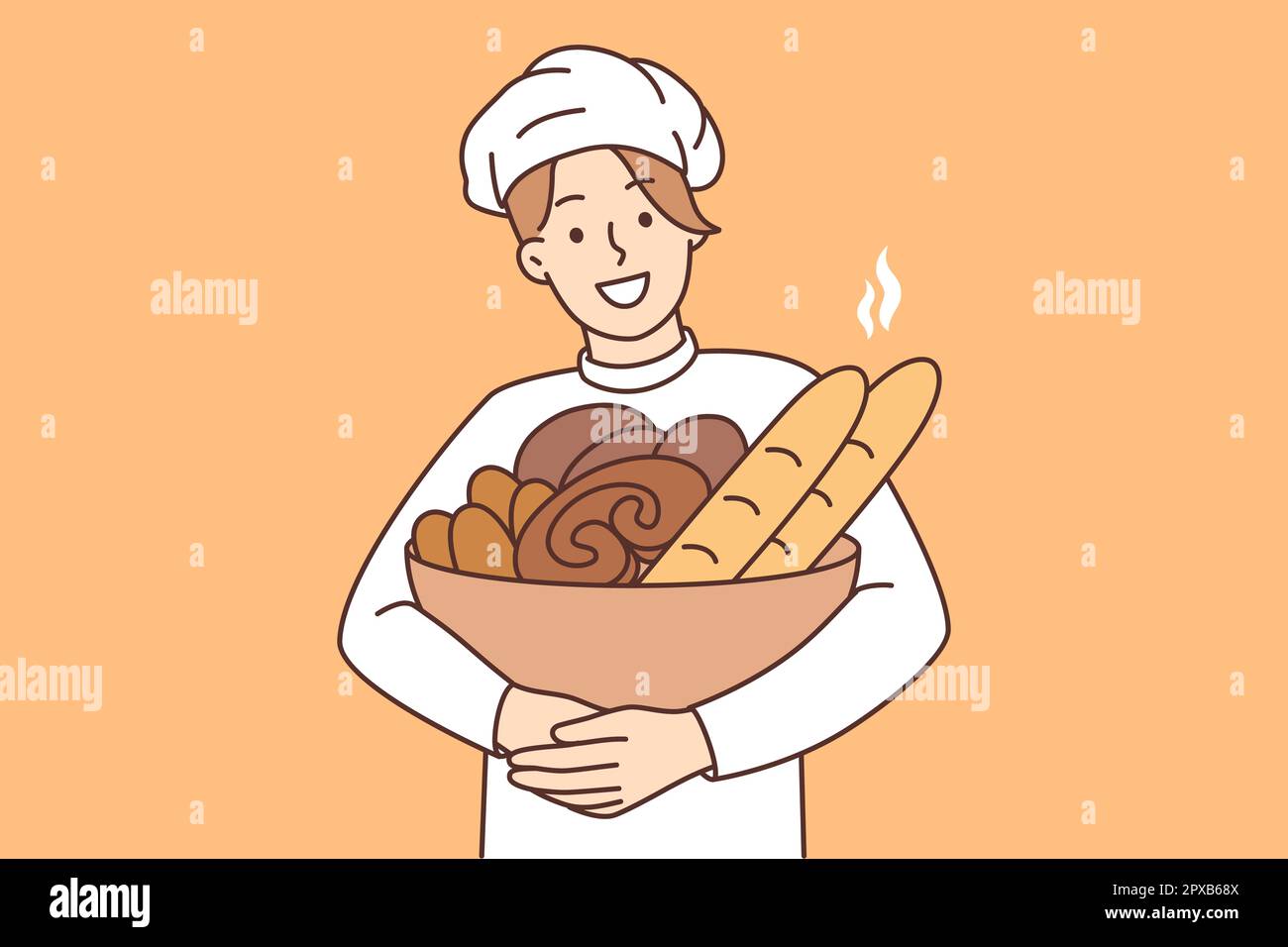 Smiling male baker I uniform holding basket with fresh bread. Happy man chef with box of ...