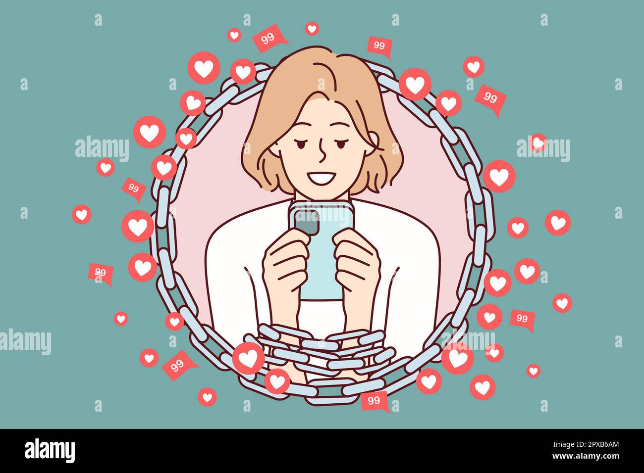 Woman with chained hands using mobile phone symbolizing addiction to ...